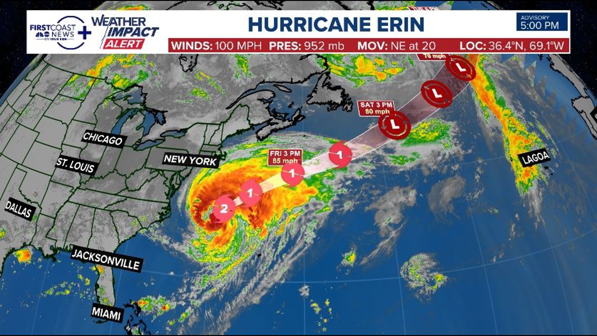 Hurricane Erin forecast in the Atlantic as it nears U.S. East Coast ...