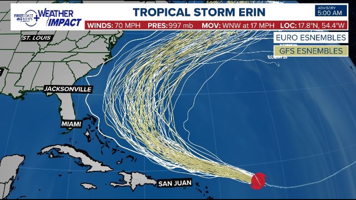 Tropical Storm Erin forecast for the East Coast of Florida, U.S ...